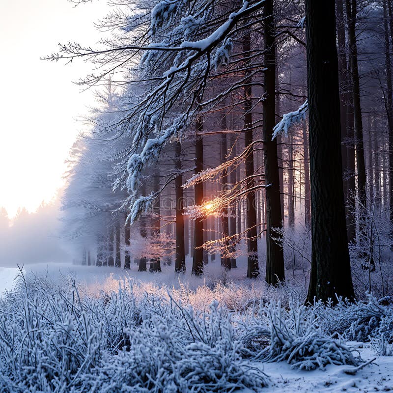 Light Snow on Trees Under Dawn Sky Stock Illustration - Illustration of ...