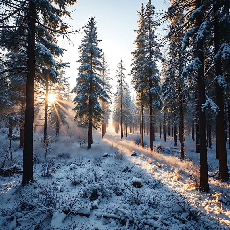 Light Snow on Trees Under Dawn Sky Stock Illustration - Illustration of ...