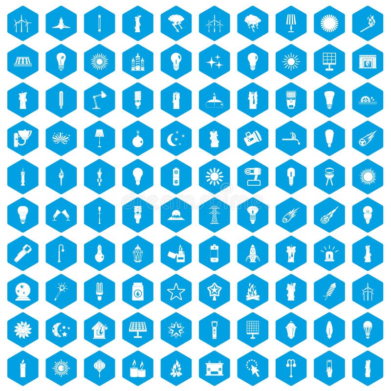 100 Light Source Icons Set Blue Stock Vector - Illustration of hexagon ...