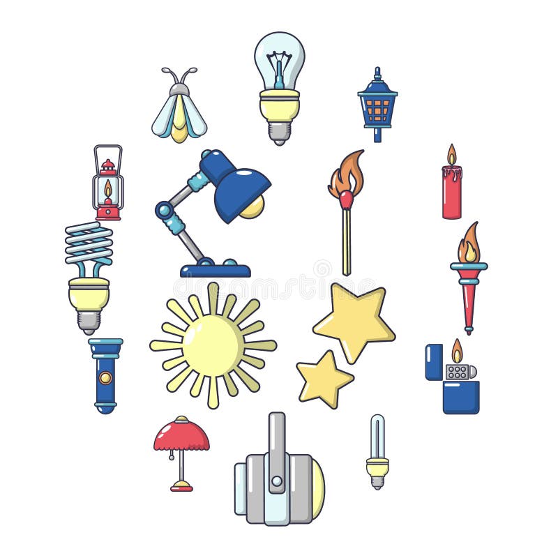 Light Source Icons Set, Cartoon Style Stock Vector - Illustration of ...