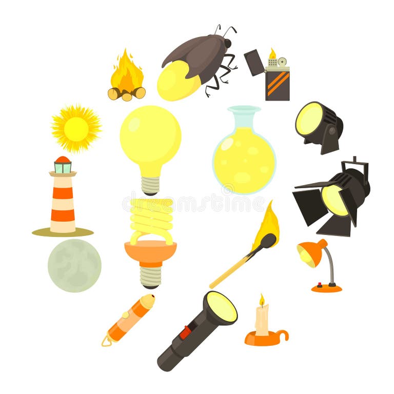 Light Source Icons Set, Cartoon Style Stock Vector - Illustration of ...