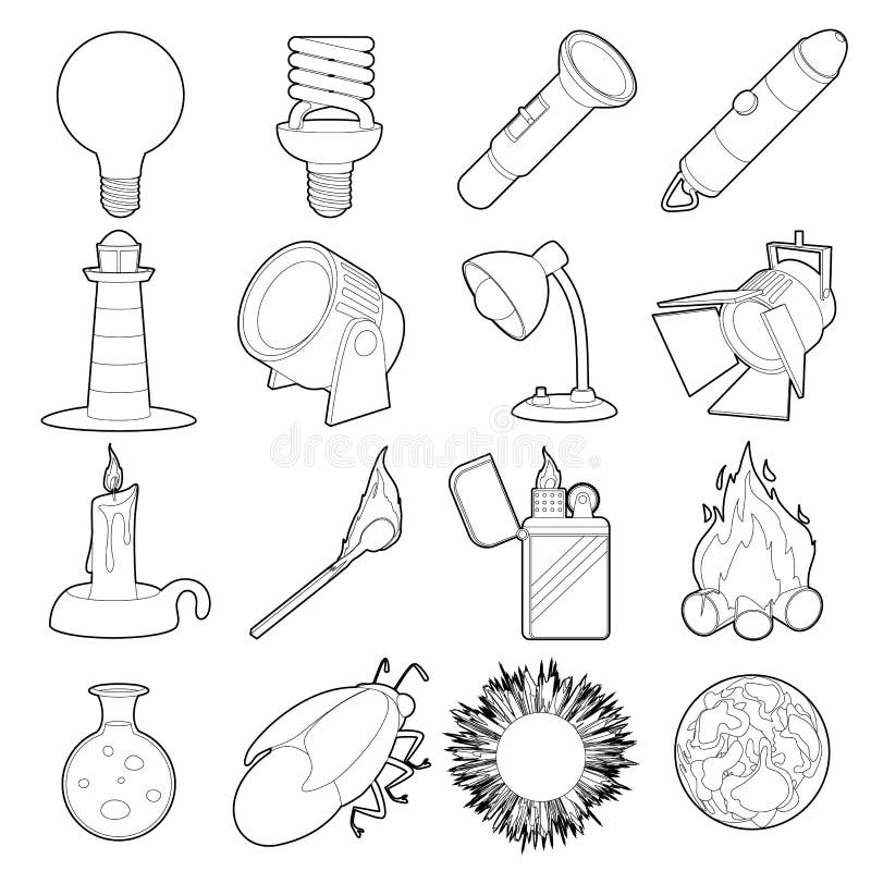 Light Source Icons Set, Outline Style Stock Vector - Illustration of ...