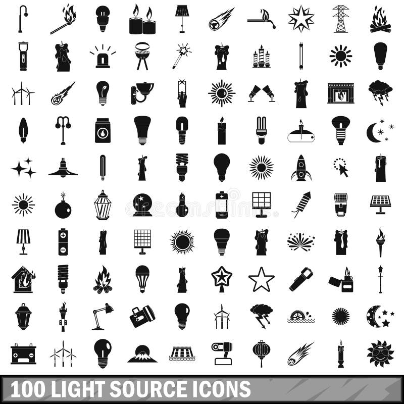 100 Light Source Icons Set, Simple Style Stock Vector - Illustration of ...