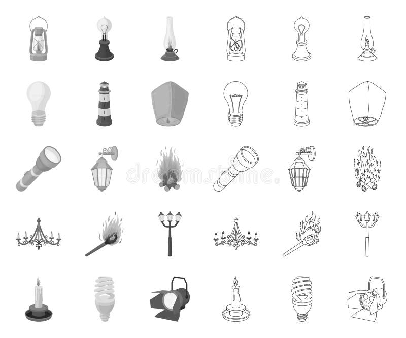 Light Source Mono,outline Icons in Set Collection for Design. Light and ...