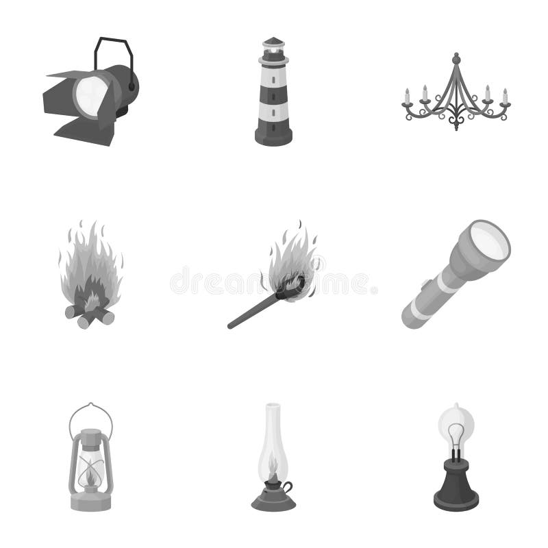 Light Source Set Icons in Monochrome Style. Big Collection of Light ...