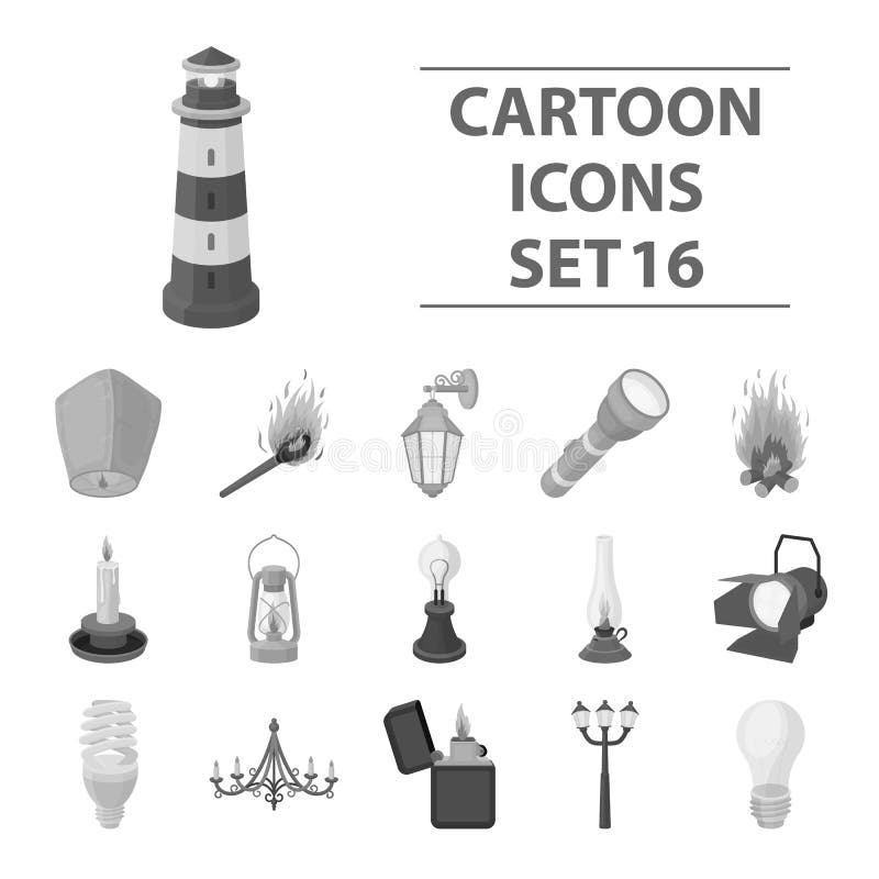 Light Source Set Icons in Monochrome Style. Big Collection of Light ...