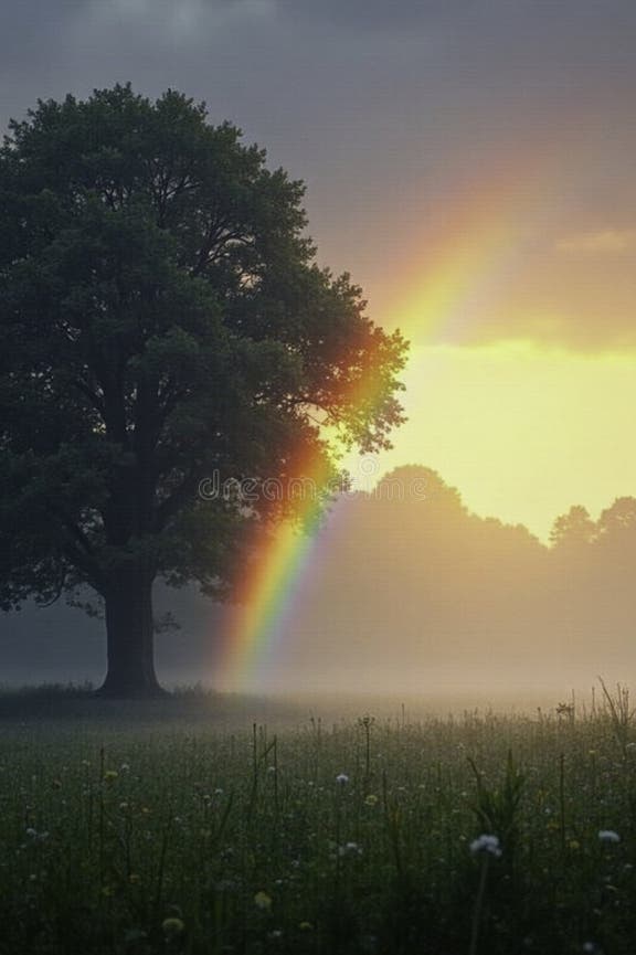 Light Spectrum Rainbow in a Misty Meadow at Dawn, Light Spectrum, Trees ...