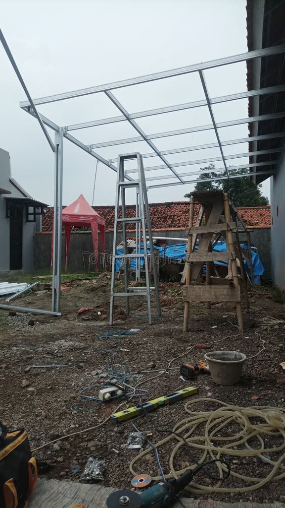 Light Steel Canopy Construction Project Stock Image - Image of light, project: 267048889