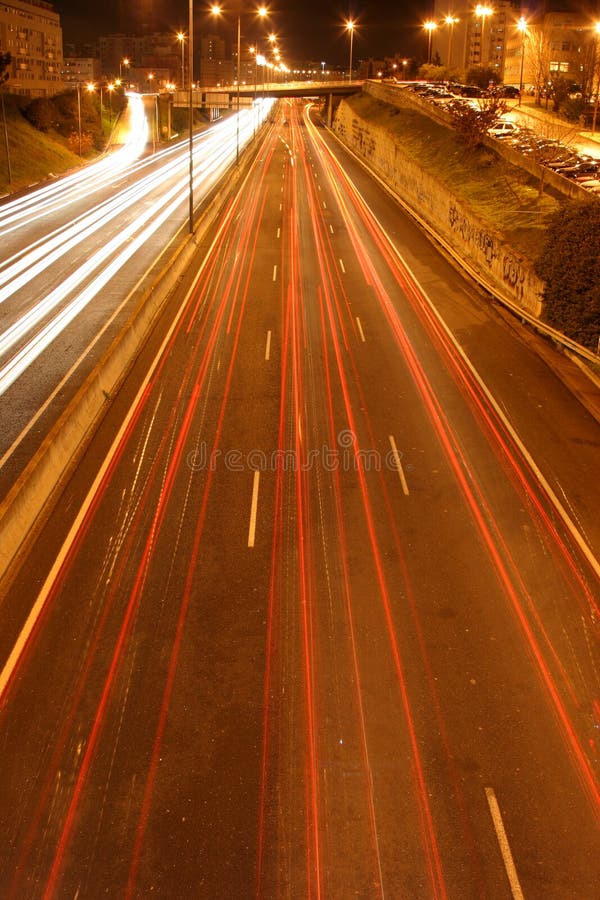 Car Light Streaks on a Bridge Over Vltava River in Prague at Night ...