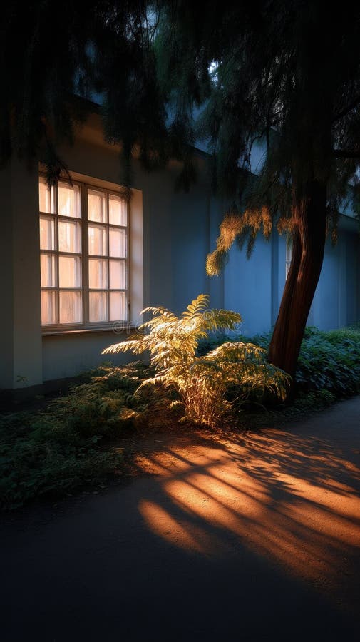 Light Streaming from a Building Window on a Bush with a Tree in a ...