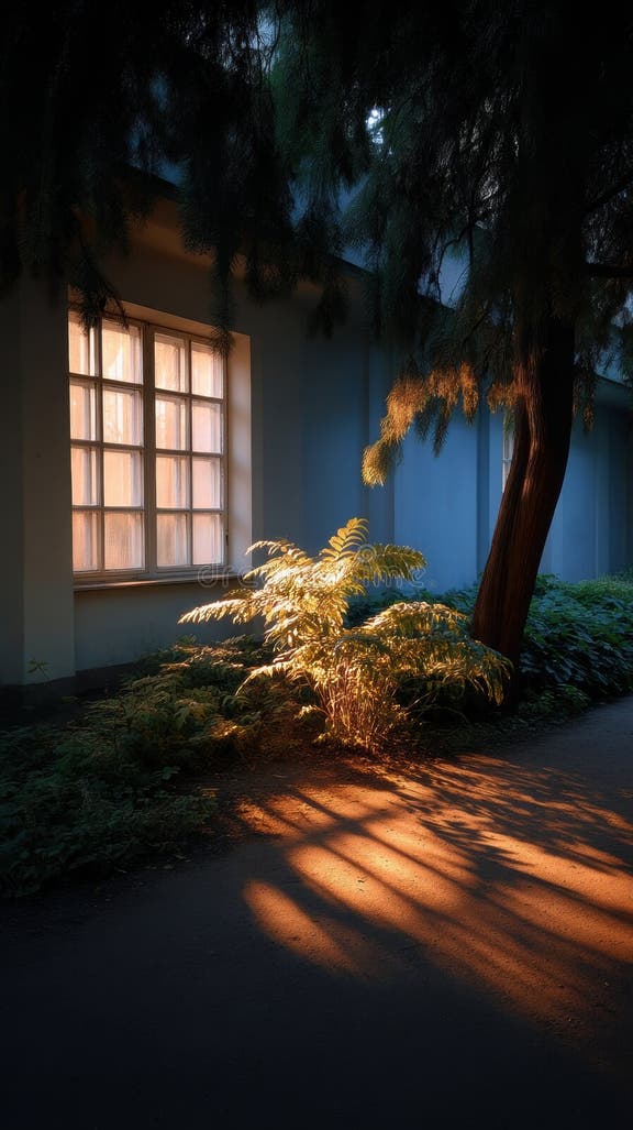 Light Streaming from a Building Window on a Bush with a Tree in a ...