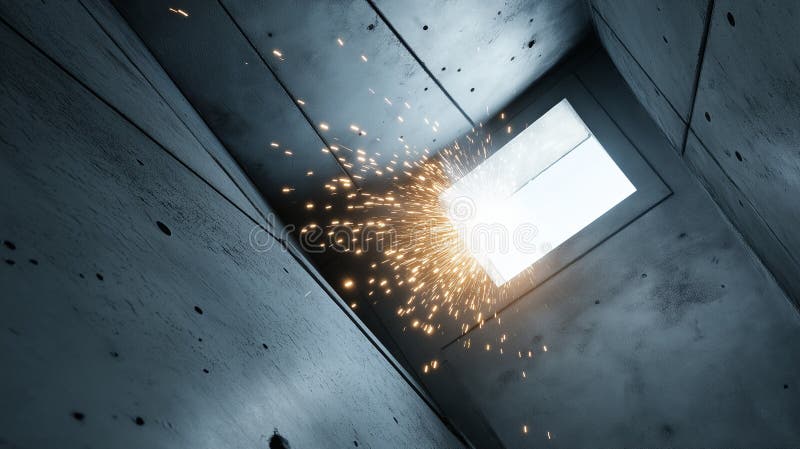 Light Streaming through Concrete Ceiling Window, Sparks Bursting Upward ...