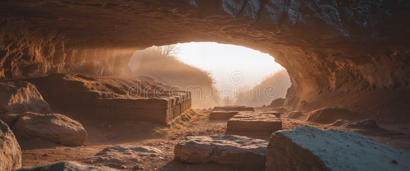 Light Streams through a Cave Opening Illuminating a Stone Structure in ...