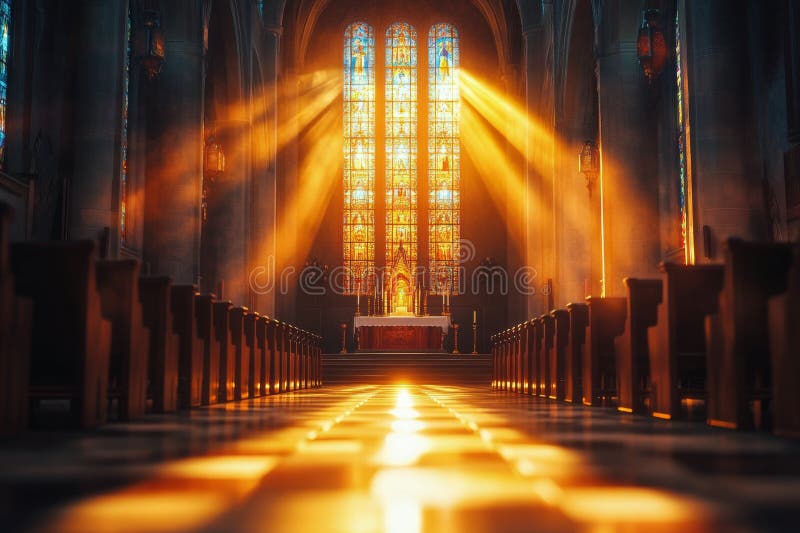 Light Streams through Stained Glass Windows in a Serene Church Setting ...