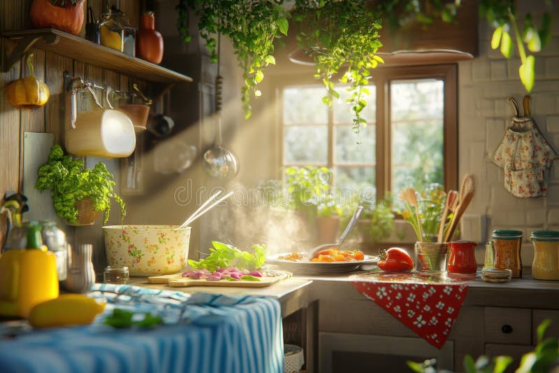 Cozy Kitchen Filled with Fresh Herbs and Vibrant Vegetables during ...