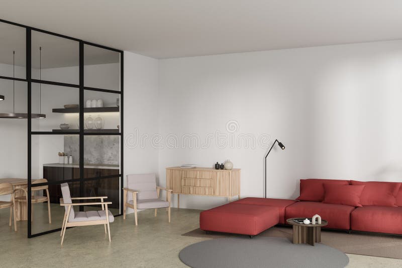 Light Studio Interior with Lounge and Dining Corner. Mockup Wall Stock ...