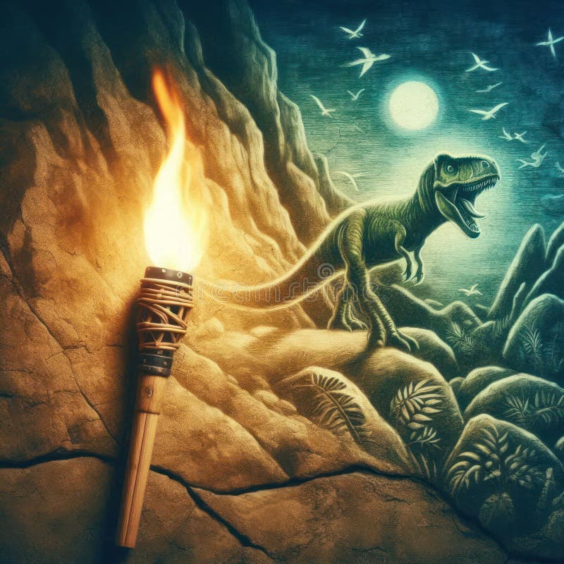 The Light from the Torch Illuminates the Drawing of a Dinosaur on the ...