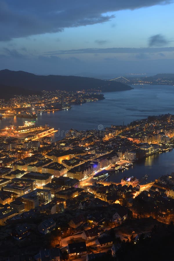 Panorama of Bergen Norway stock image. Image of illuminated - 55996977