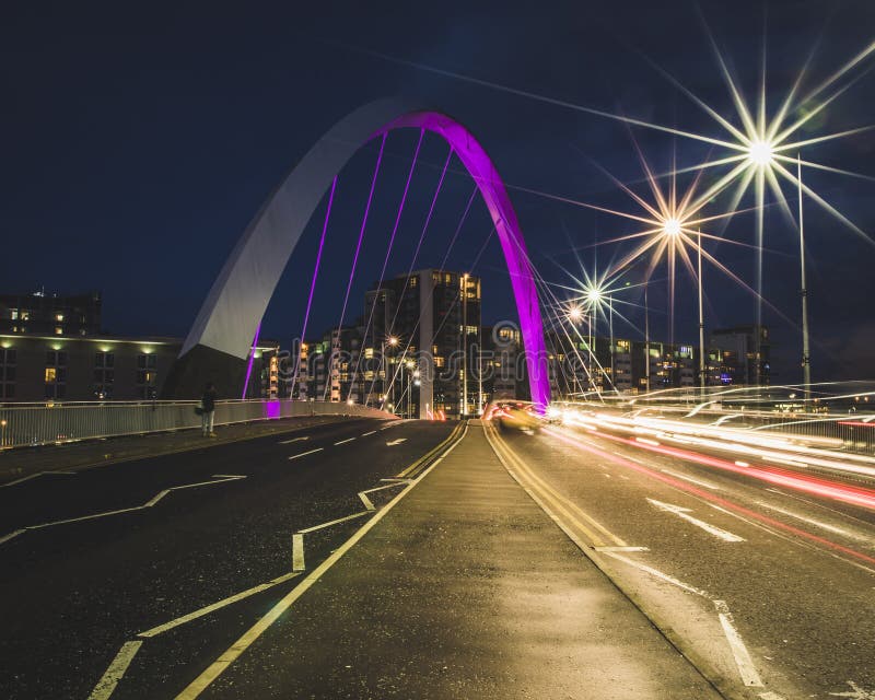 Light Trails through the Clyde Arc Squinty Bridge in Glasgow Stock ...