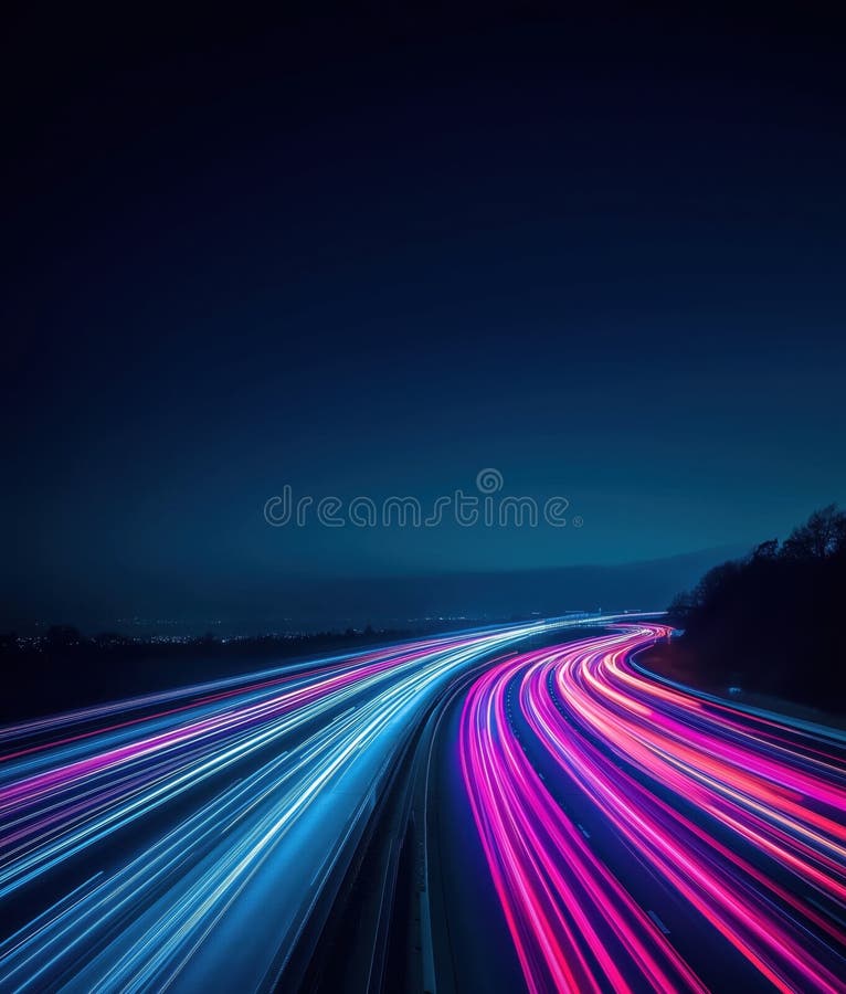 Light Trails on Highway at Night, Vibrant Colors, Long Exposure Effect ...