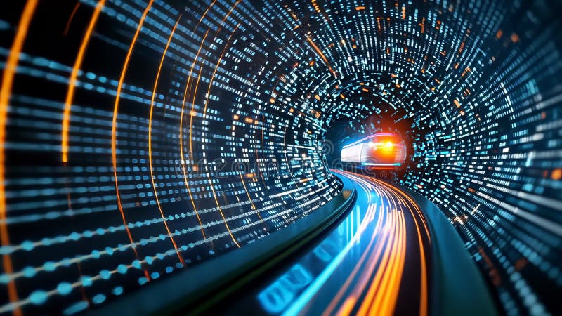 Light Trails Illuminating a Futuristic Flow, Neon Background Fast Tunnel with Binary Code Data ...