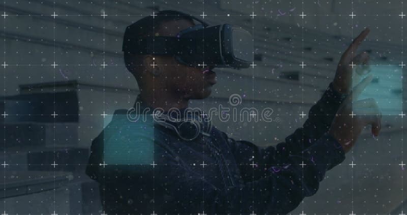 Light Trails Over Grid Network Against African American Man Wearing Vr ...