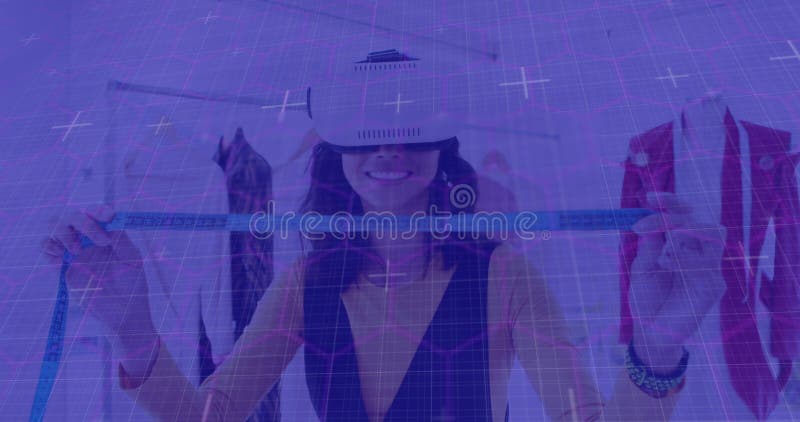 Light Trails Over Grid Network Against Female Fashion Designer Wearing ...