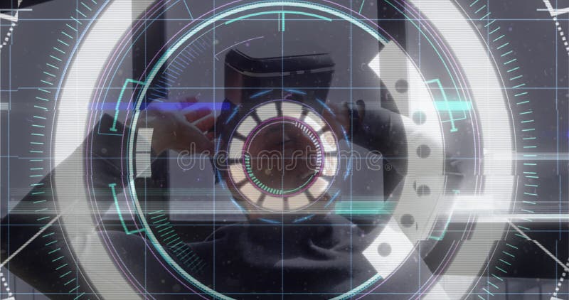 Light Trails Over Neon Scope Scanner Against Caucasian Senior Man ...