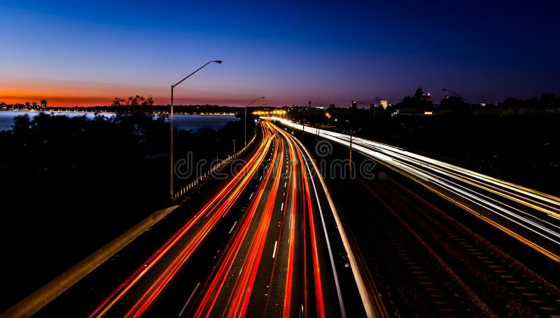 Light Trails from the Overpass Stock Image - Image of river, sunset ...