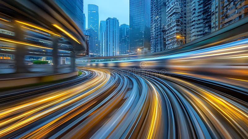 Light Trails of Speeding Train Curving through City at Night Stock ...
