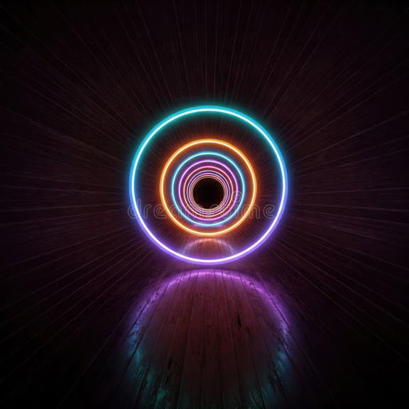 A Light Tunnel with Neon Rings in the Dark. Stock Photo - Image of neon ...