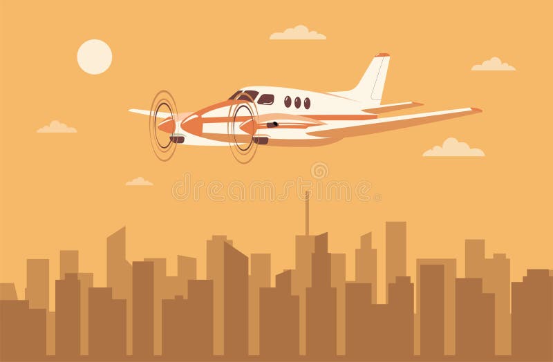 Light Twin-engine Turboprop Aircraft Over the City. Vector Illustration ...