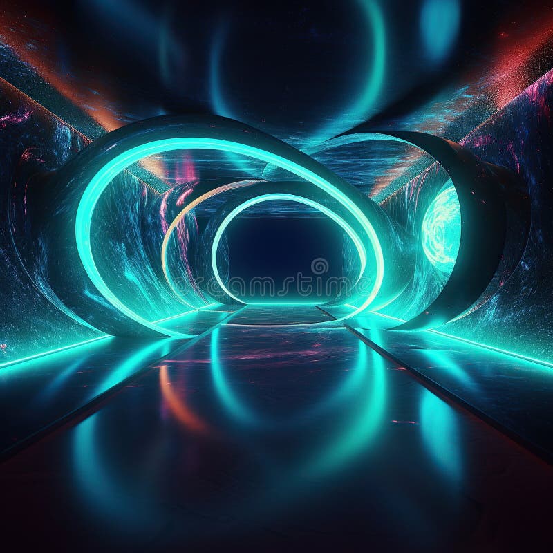 Red Corridor with Glowing Pillars, Futuristic Modern Underground Dark ...