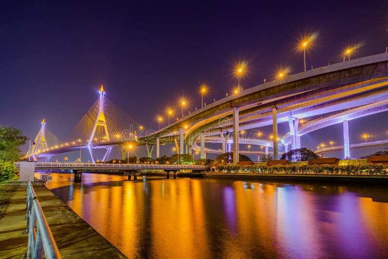 Light Up on the Highway Bridge Across the River Stock Image - Image of ...