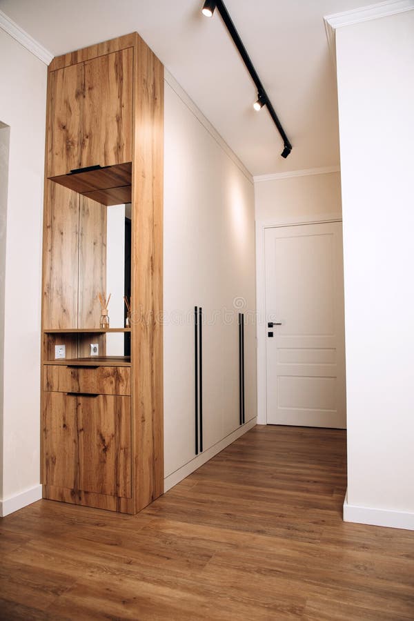 Light Wardrobe in the Hallway with Wooden Elements and Black Handles ...
