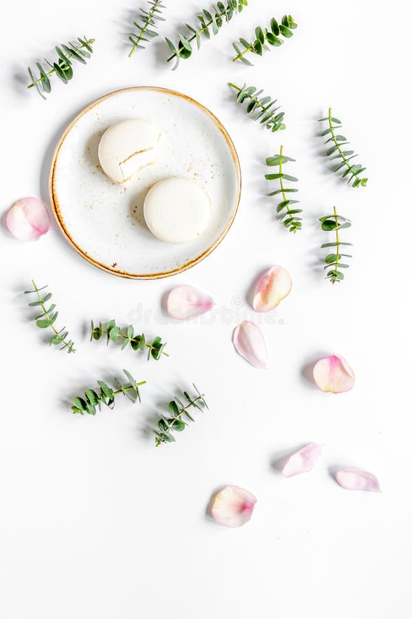 Light Breakfast with Spring Pattern on White Background Top View Stock ...