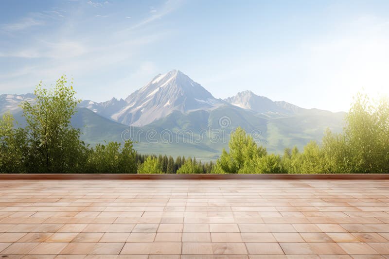 Light Wood Deck with Blurred Mountain Background, White Tabletop Nature ...