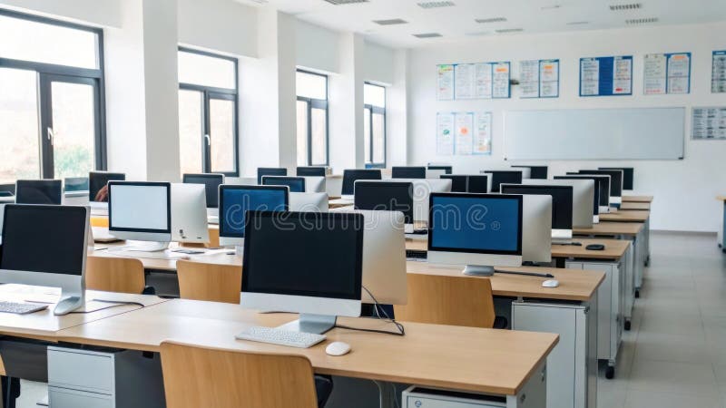 Light Wood Desk Computer Lab Rows Empty Screens Computers Stock ...