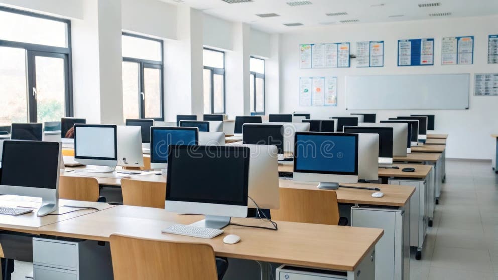 Light Wood Desk Computer Lab Rows Empty Screens Computers Stock ...