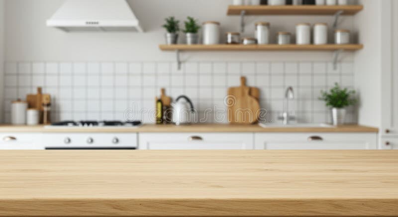 Light Wood Table Surface with a Soft-focus Kitchen Scene in the ...