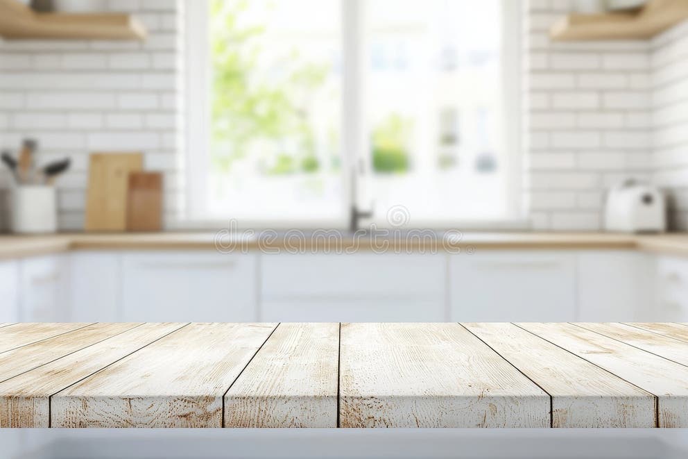 A Light Wood Table Top in a Modern White Kitchen with a Kitchen Panel ...