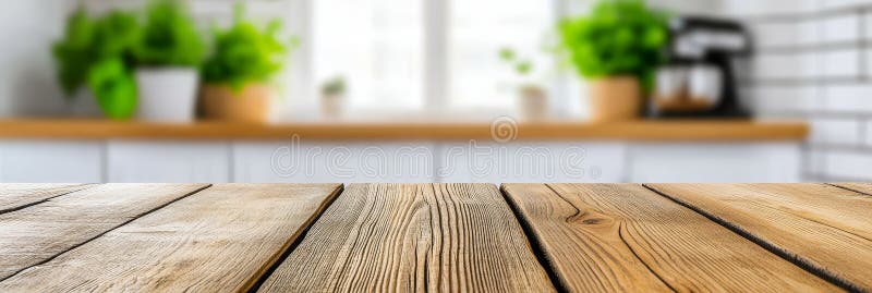 Light Wood Tabletop in Modern Kitchen Rustic Wooden Table in Front of a ...