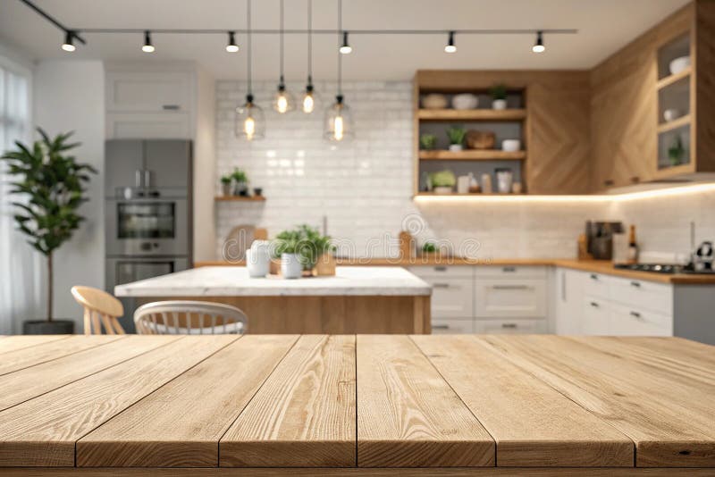 Empty Wood Table Top Counter and Blur Modern Kitchen Interior ...