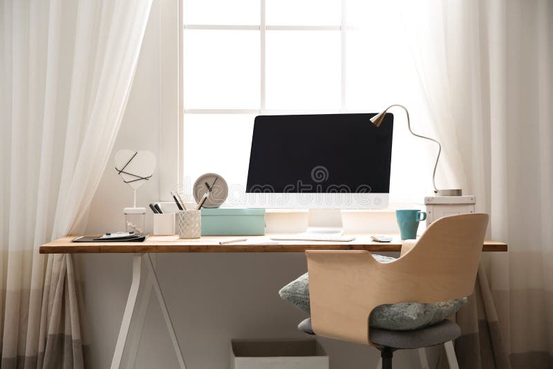 Light Work Place with Computer Near Window. Stock Image - Image of ...
