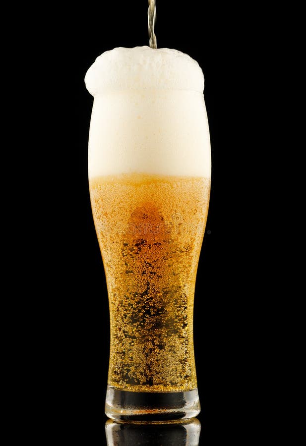 Light Yellow Beer with Foam in a Glass Black Background Stock Image ...