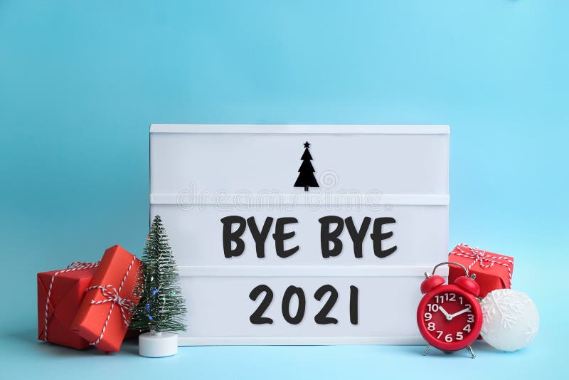 Phrase Bye Bye 2021 on Green Background with Blurred Festive Lights ...