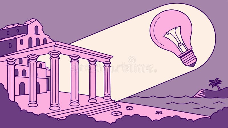 Lightbulb and Ancient Temple, Enlightenment Beam, Vector Design ...