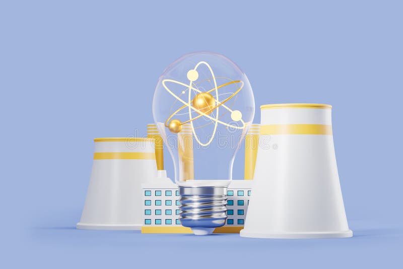 Lightbulb with Atom and Nuclear Power Plant on Blue Background Stock ...