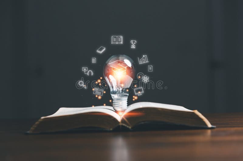 Lightbulb on Book with Education E-learning Icons, Internet Education ...