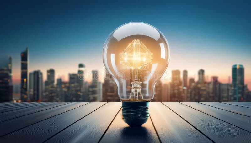 Lightbulb with a Cityscape Backdrop Symbolizing an Idea in a Business ...